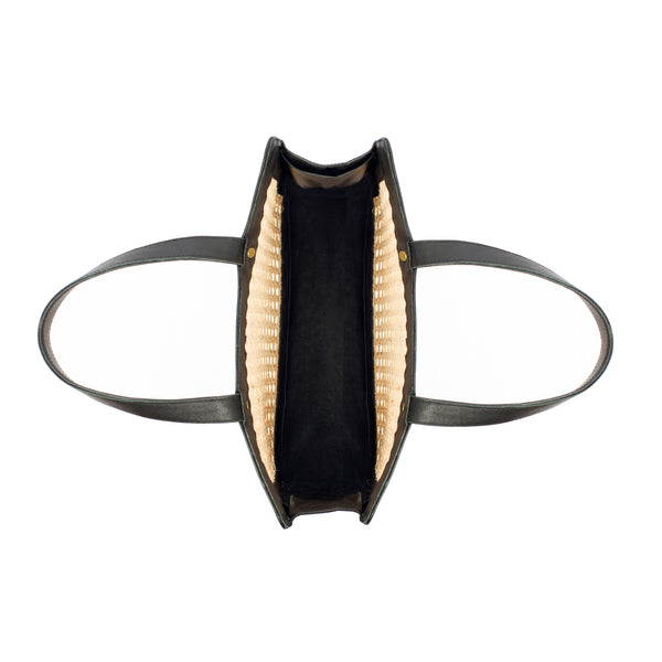 Black Rattan and Leather Tote Shoulder Bag for Women